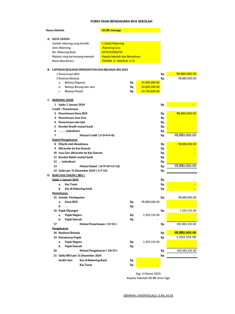 Format Isian Bendahara Bos 2024 | PDF