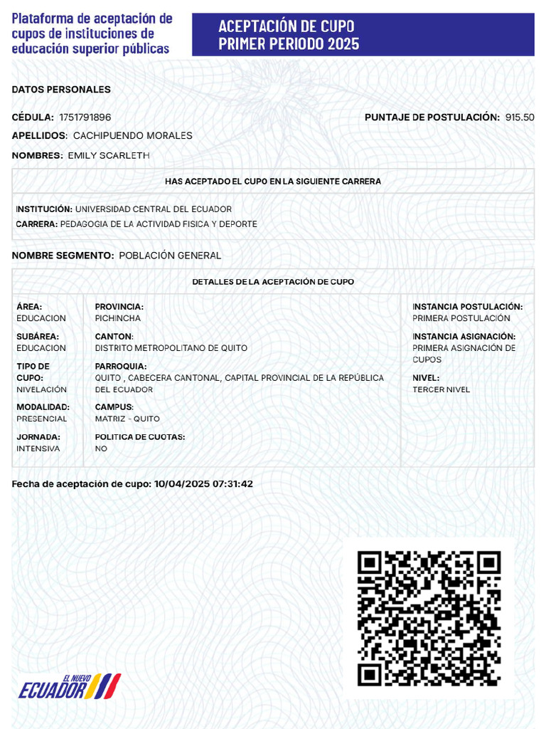 Comprobante Aceptacion Cupo | PDF