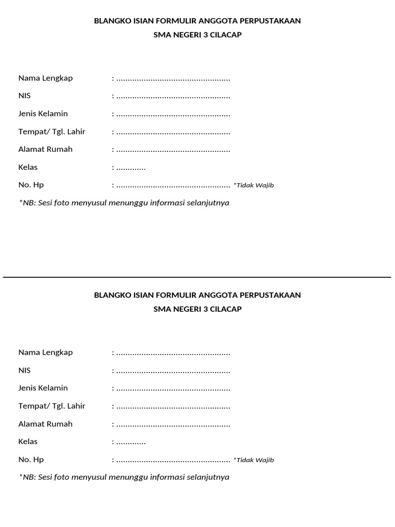 Blangko Isian Formulir Anggota Perpustakaan Rev | PDF