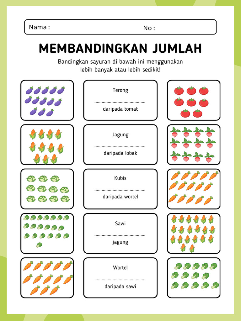 Lembar Kerja Membandingkan Jumlah Sayuran Hijau Ilustrasi Sederhana | PDF