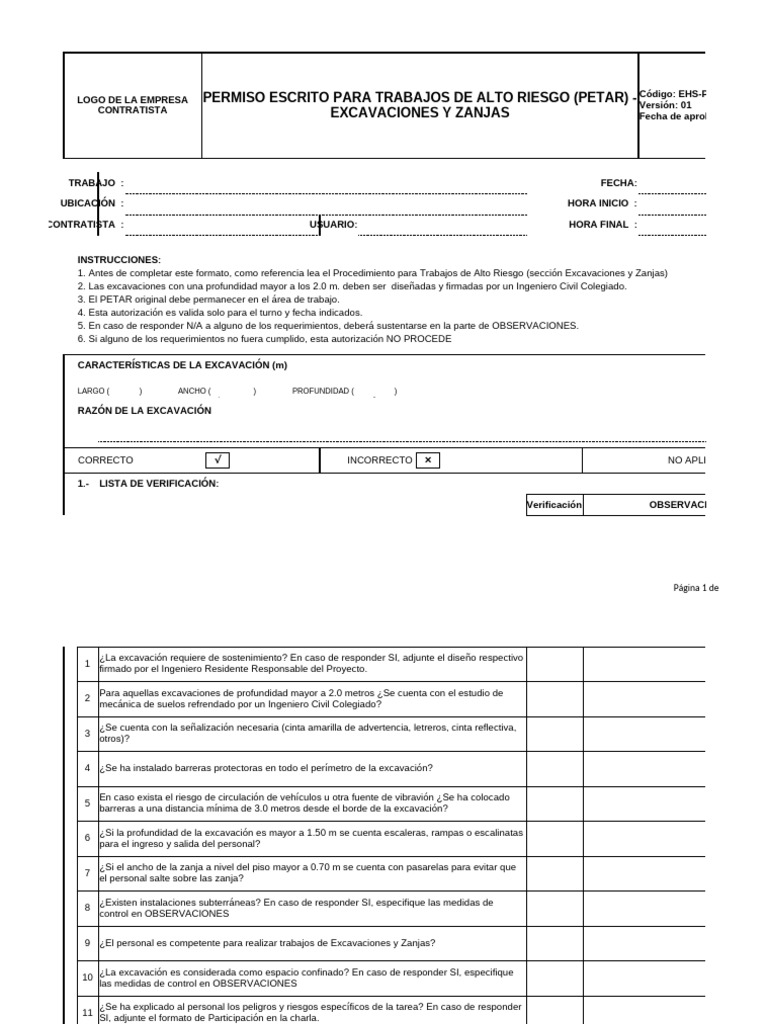 Permiso Escrito Para Trabajos de Alto Riesgo PETAR Excavaciones y Zanjas (1) | PDF