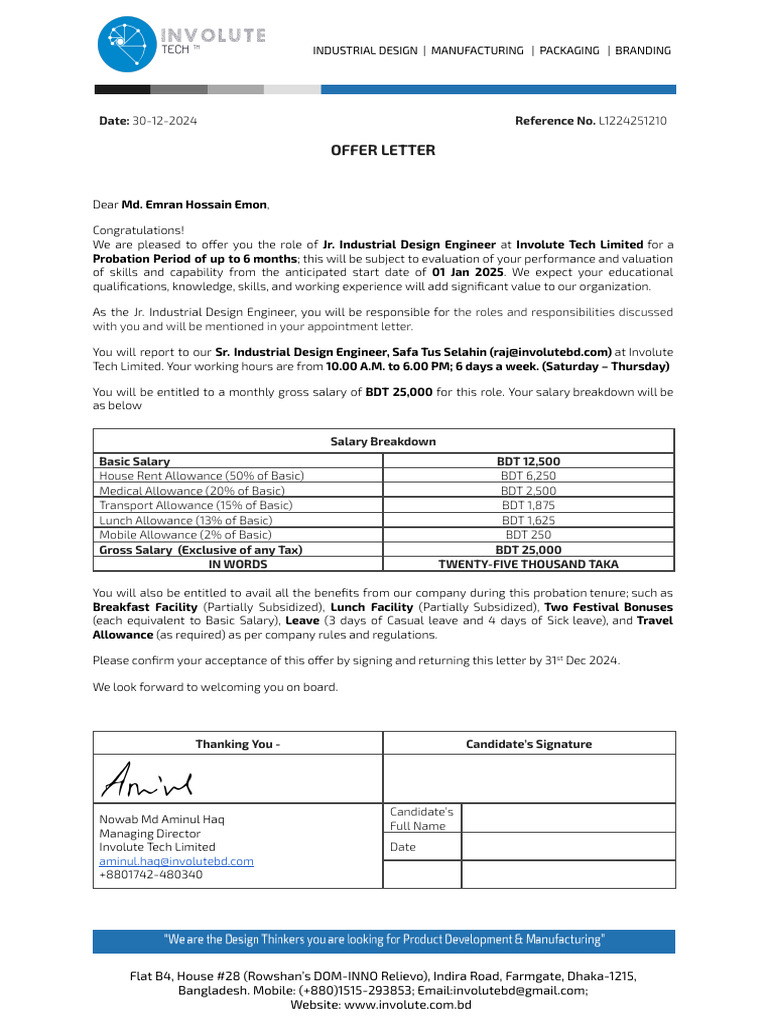 Offer Letter To Md. Emran Hossain Emon - L1224251210 | PDF