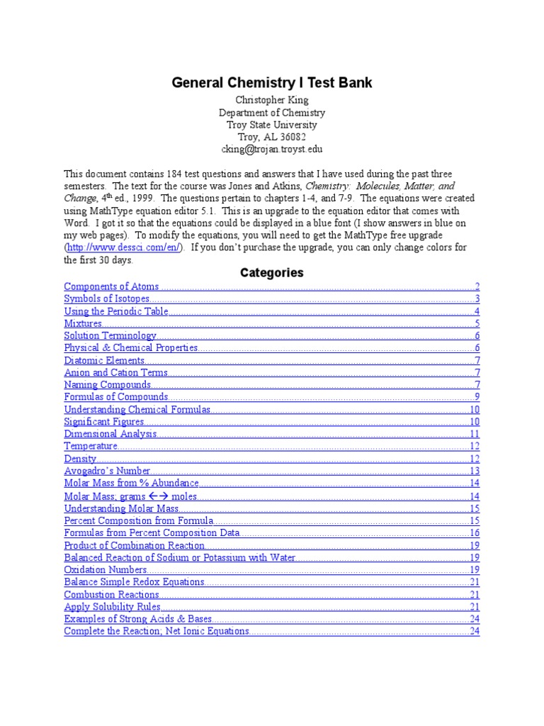Chemistry Test Bank | PDF | Precipitation (Chemistry) | Atomic Nucleus