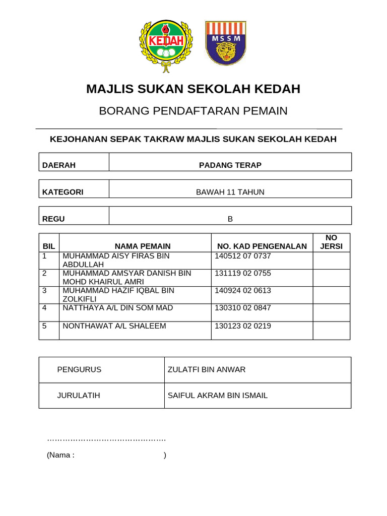 Borang Regu B Bawah 11 | PDF