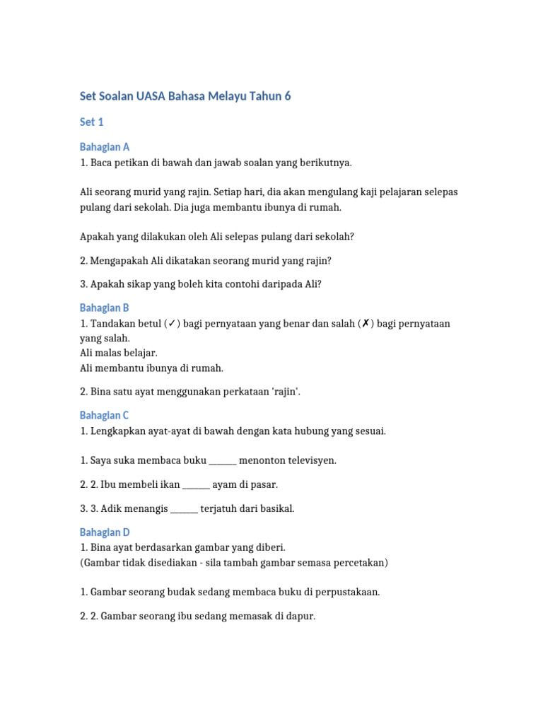 Set Soalan UASA Bahasa Melayu Tahun 6 Bahagian | PDF