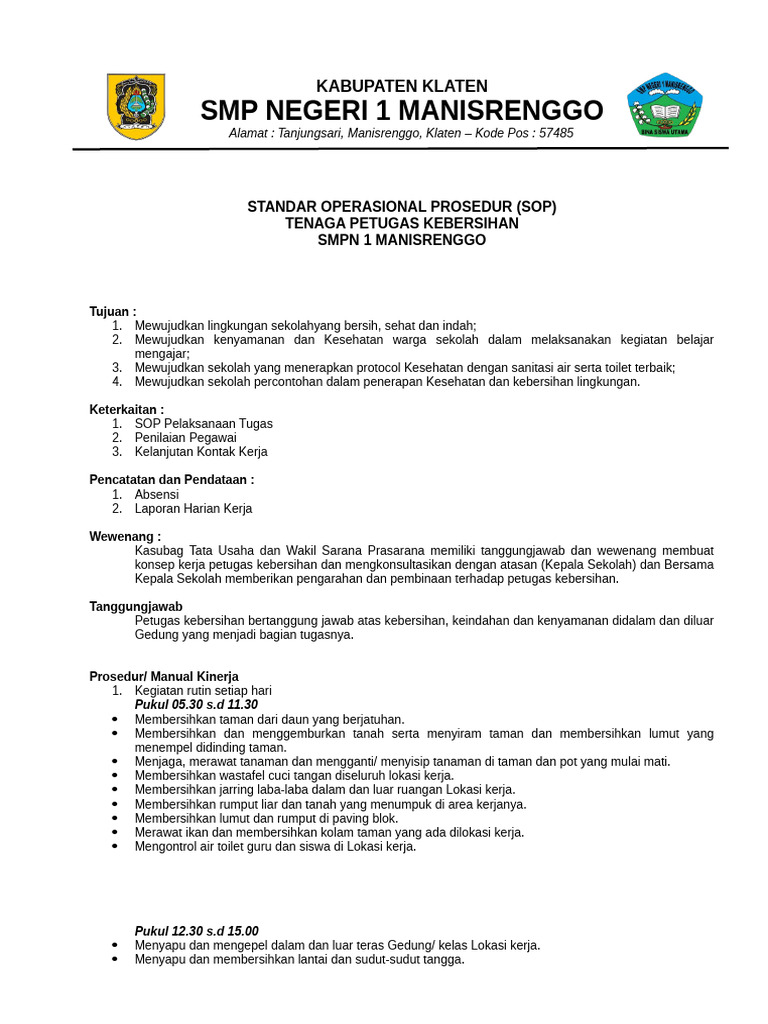 SOP Petugas Kebersihan | PDF