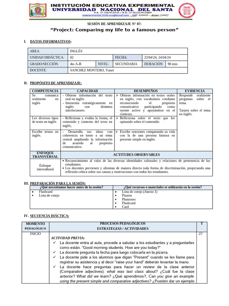 SESIÓN DE APRENDIZAJE - Unidad - 02 - N°07 - 4to Secundaria - Inglés - Project 2 | PDF ...