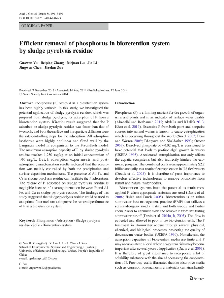 Phosphorus Removal Through Sludge Pyrolysis Residue in Biofilters (Yu ...