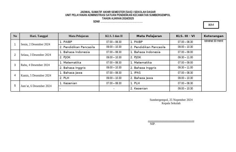 Jadwal Sas I - Ta 2024-2025 | PDF