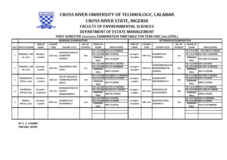 2021/2022 Exam Timetable for Year One | PDF