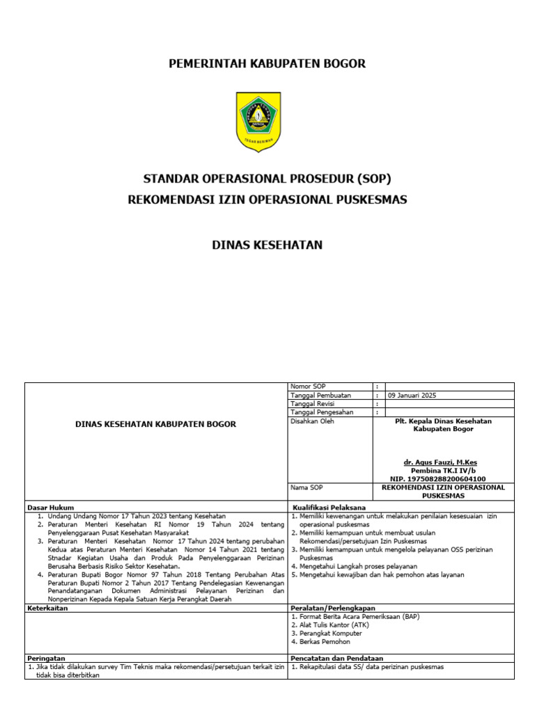 SOP Pelaksanaan Survey Tim Teknis Perizinan PUSKESMAS 2025 | PDF