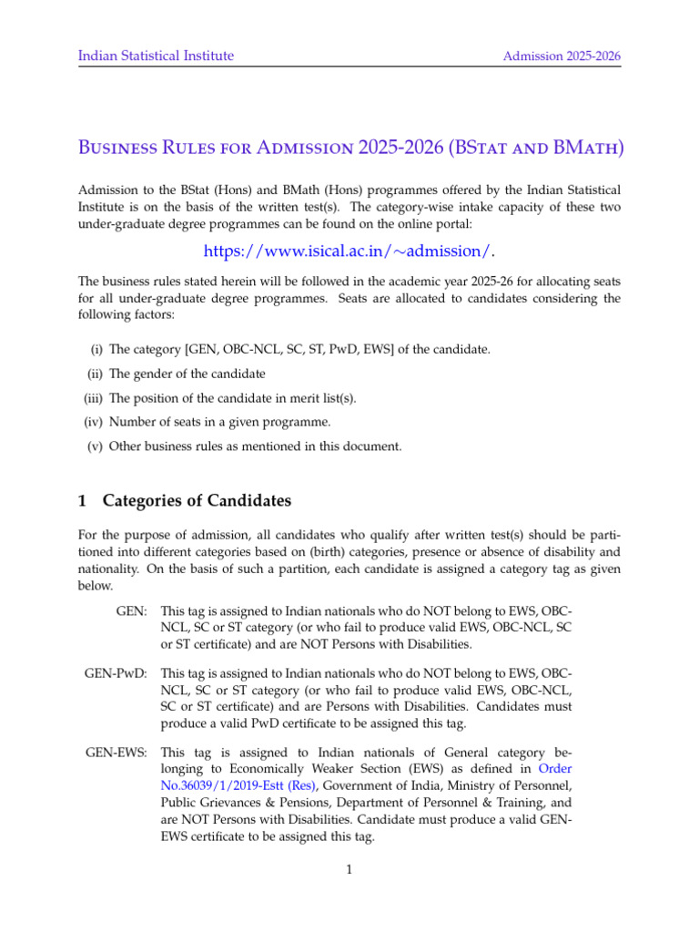 BStat and BMath Admission Rules 2025 | PDF