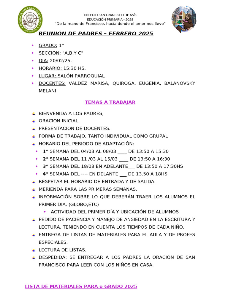 REUNIÓN DE PADRES PARA PRIMER GRADO | PDF