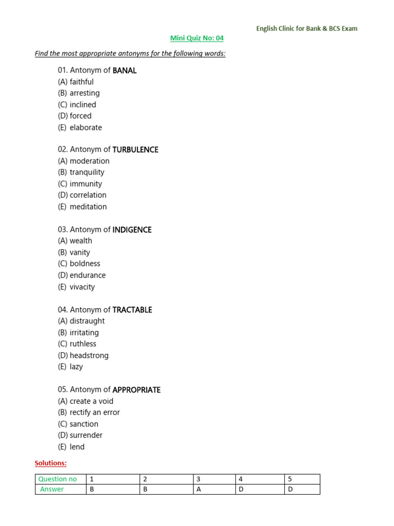 Vocabulary Mini Quiz No-04 | PDF