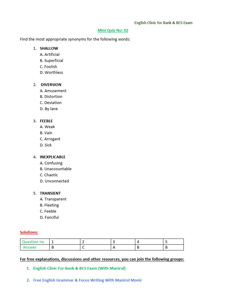 English Synonyms Quiz for Bank Exams | PDF