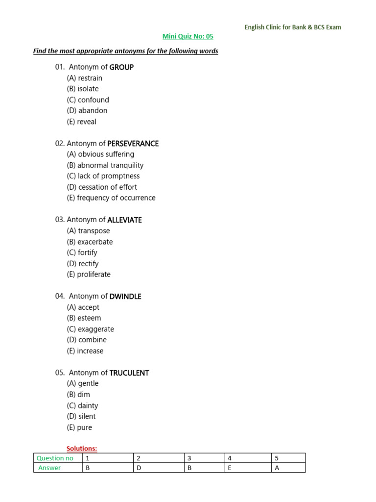 Vocabulary Mini Quiz No-05 | PDF