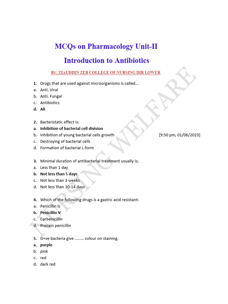 MCQs of Pharmacology Uuit-2 Introduction To Antibiotics | PDF | Penicillin | Bacteria