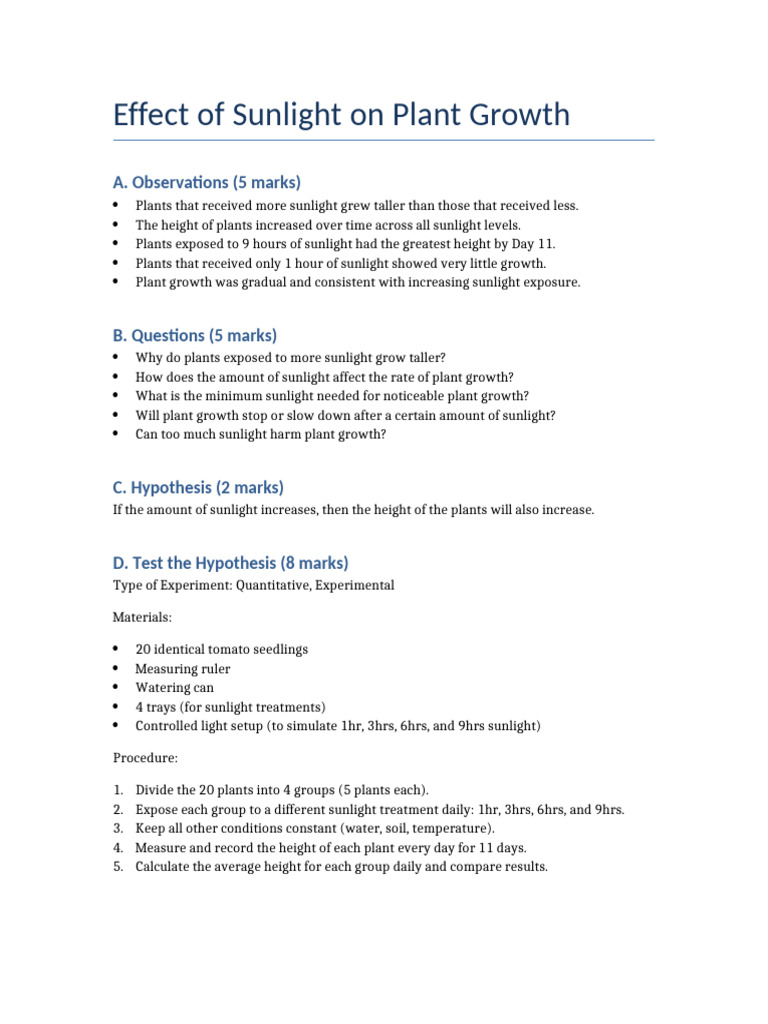 Effect of Sunlight On Plant Growth | PDF | Experiment | Botany