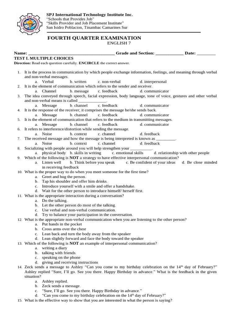 Exam Grade 7 (4TH Quarter) 22 Copies | PDF | Nonverbal Communication ...