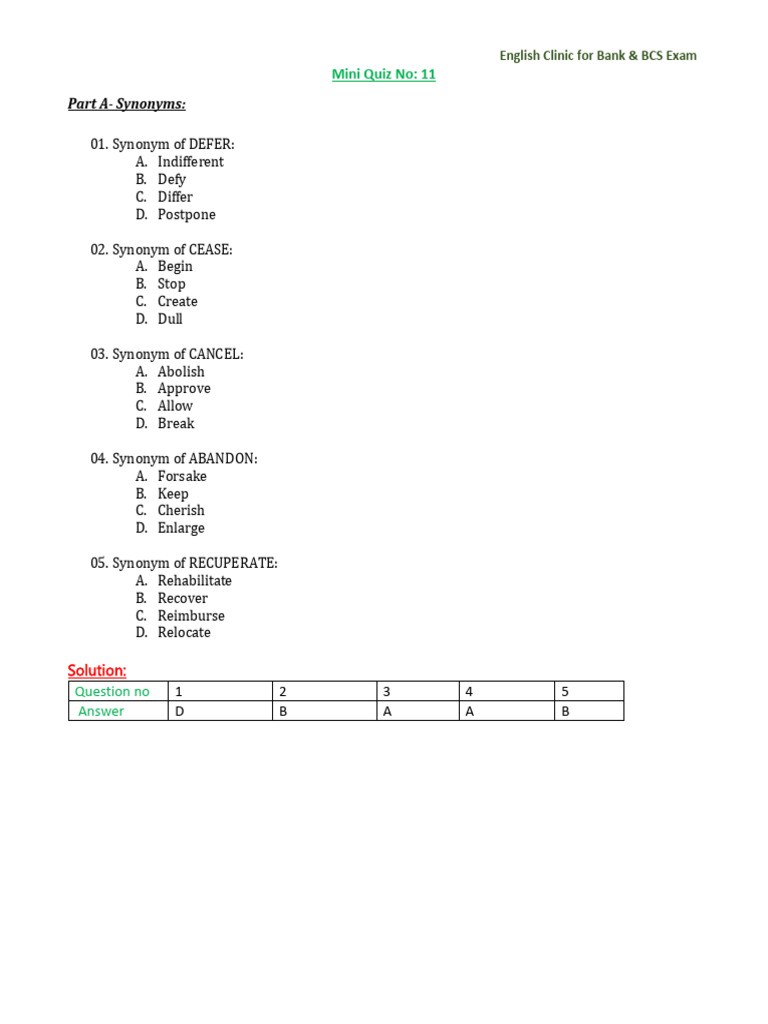 Vocabulary Mini Quiz No-11 | PDF