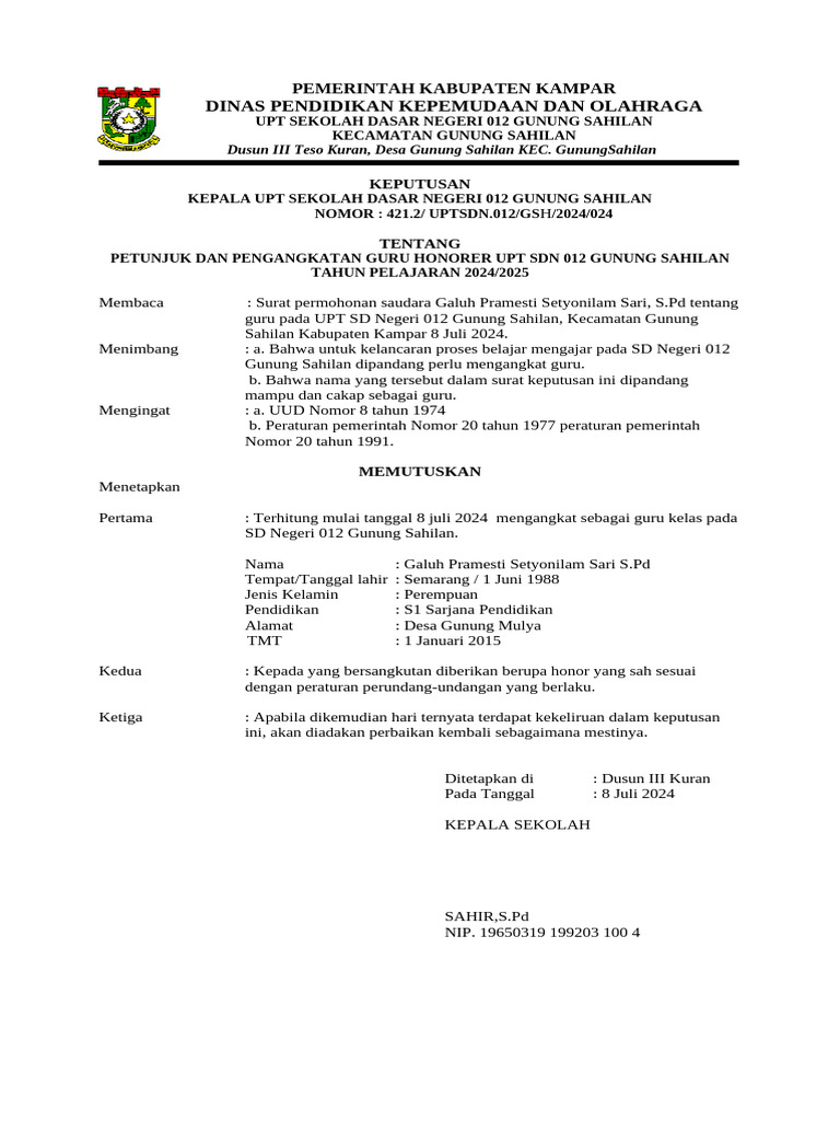 SK Pengangkatan Bu Galuh | PDF