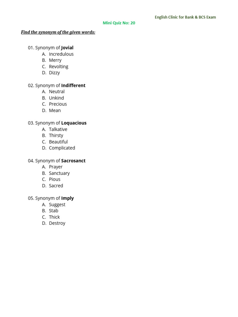 Vocabulary Mini Quiz No-20 | PDF