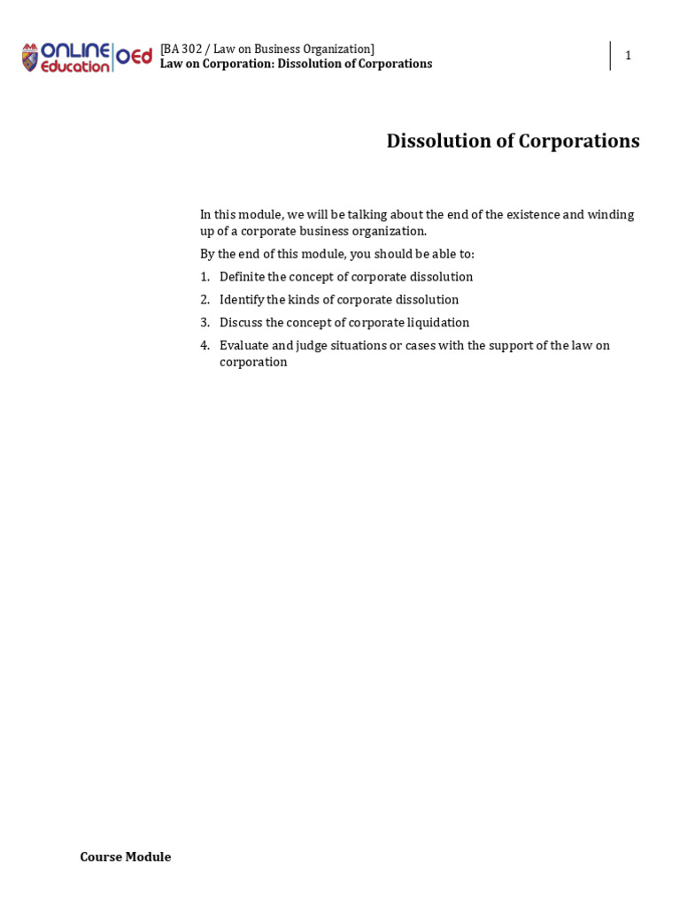 Module 16.1 - Dissolution of Corporations | PDF | Liquidation ...