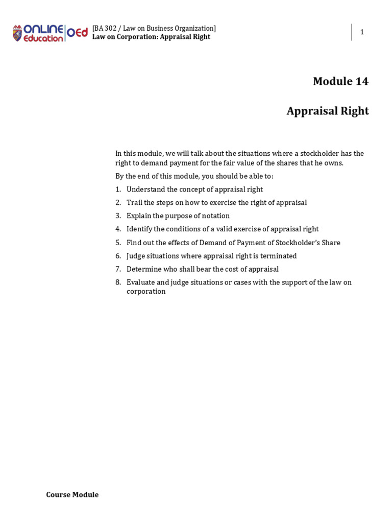 Module 14 - Appraisal Right | PDF | Real Estate Appraisal | Corporations