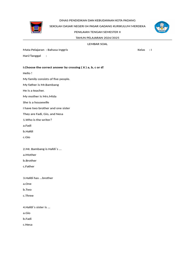 Soal PTS KLS 1 Bahasa Inggris | PDF