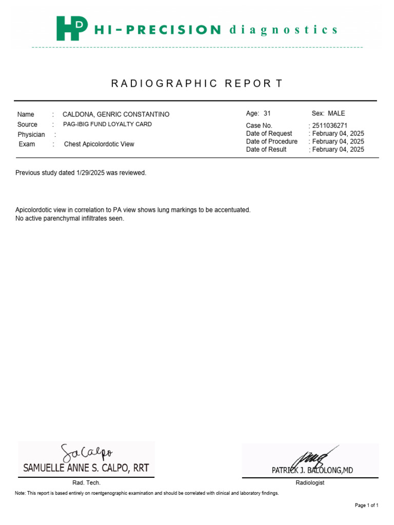 Apicolordotic View Radiographic Report | PDF