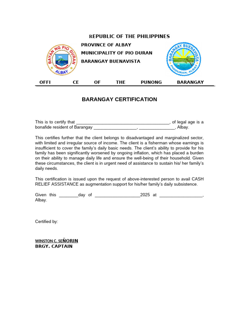 Barangay Certification for Cash Relief Assistance | PDF
