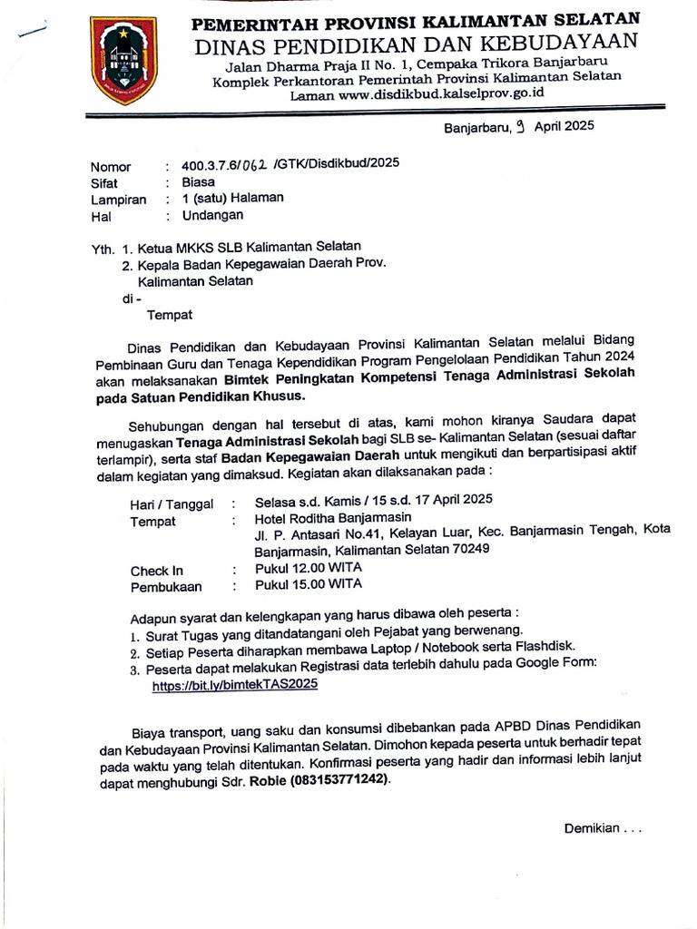 Undangan Bimtek Peningkatan Kompetensi TAS Pada Satuan Pendidikan ...