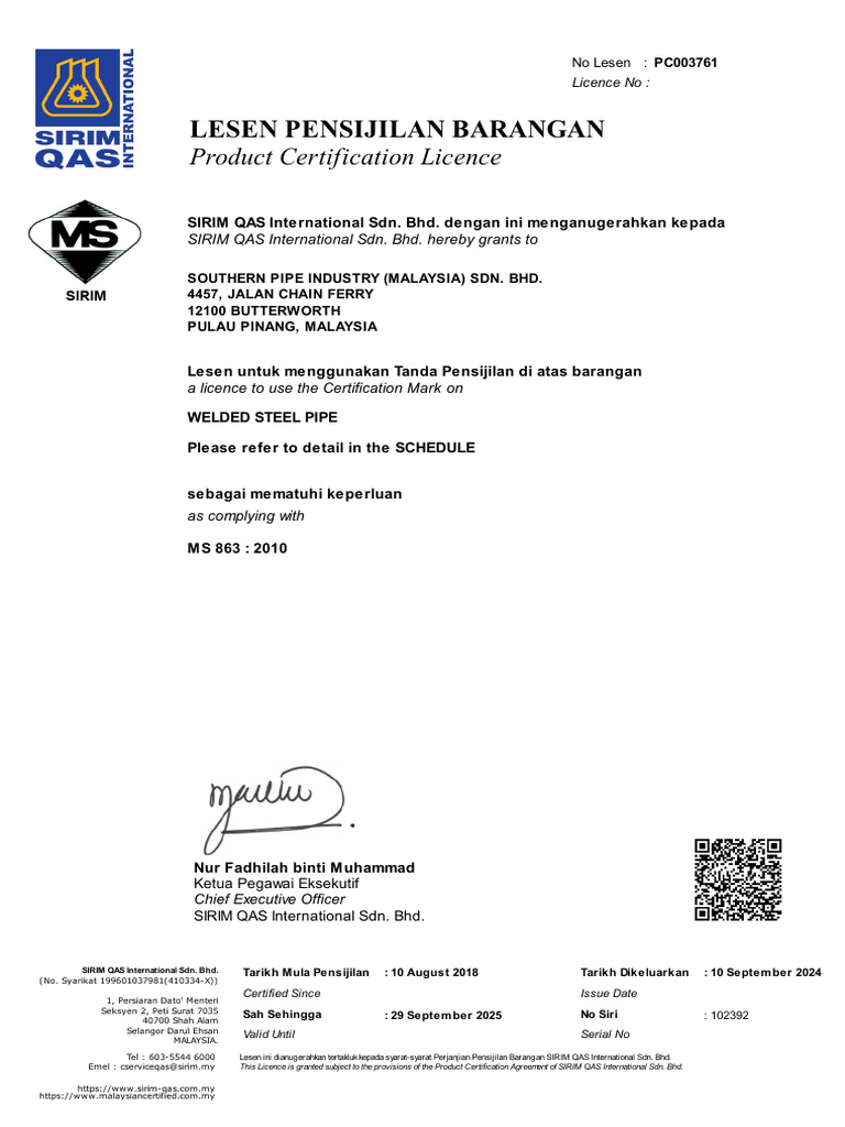 SIRIM Certification for Southern Pipe | PDF | Plumbing | Mechanical ...
