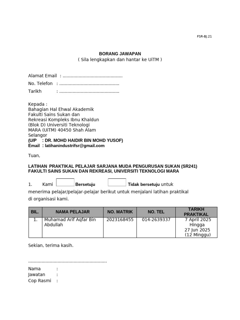 21.3. Muhamad Arif Aqfar Bin Abdullah. 2023168455. SR241. Borang Jawapan PDF | PDF