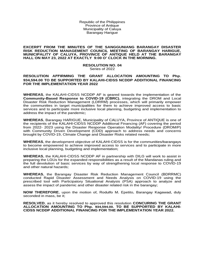 04 HARIGUE BDRRMC-resolution-AFFIRMING-the-grant Allocation | PDF ...