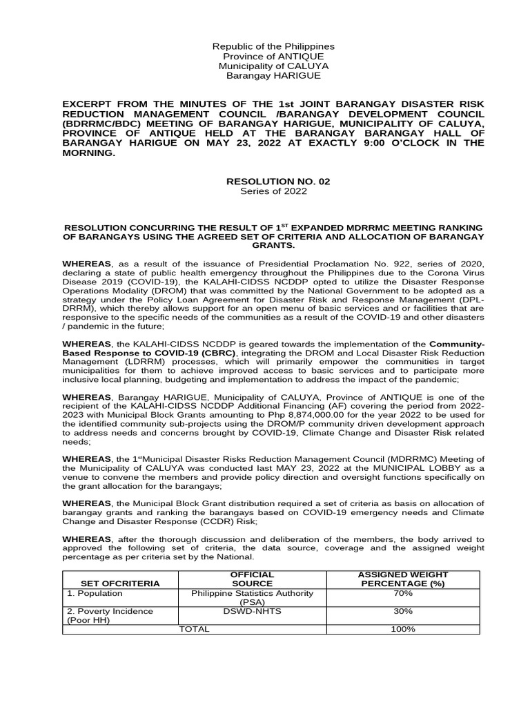 02 HARIGUE BDRRMC-resolution-concurring-the-barangay-grant-allocation | PDF | Economies