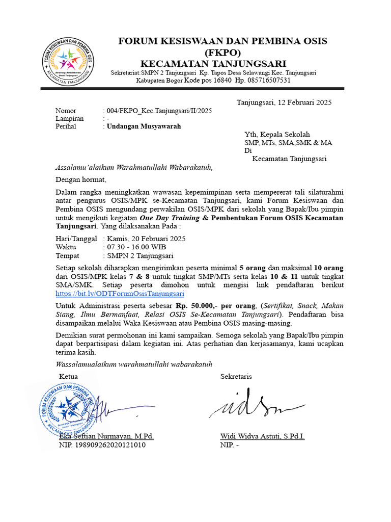 Surat Permohonan Peserta ODT & Pembentukan Forum OSIS.docx | PDF