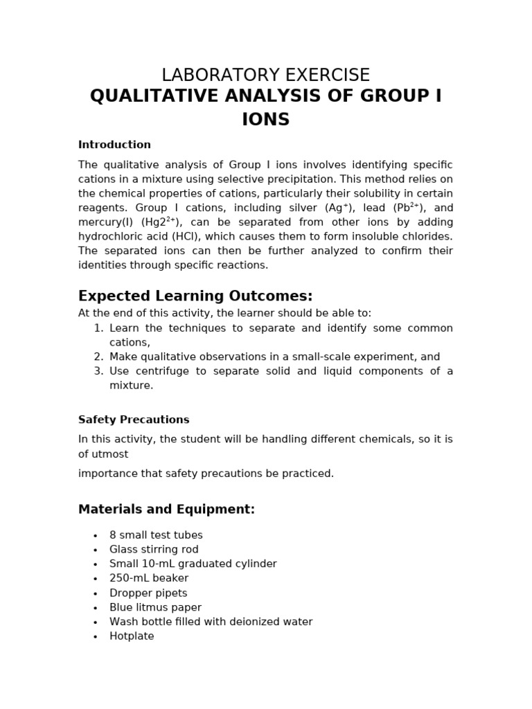 Group I Cations Qualitative Analysis | PDF | Precipitation (Chemistry ...