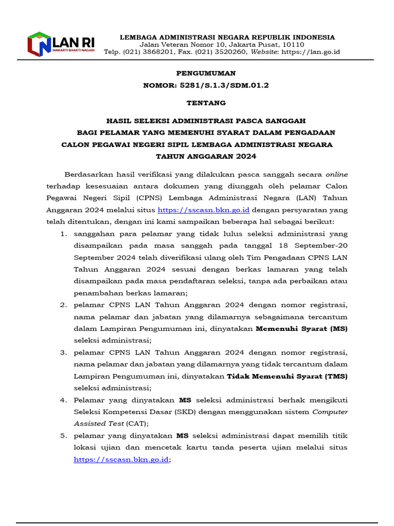 Pengumuman Hasil Seleksi Administrasi Pasca Sanggah Pengadaan CPNS LAN T.A. 2024 | PDF