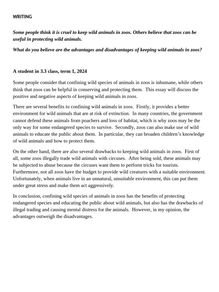 Week 8 T2 Zoos sample answer from Eli's student REVISED (1) | PDF