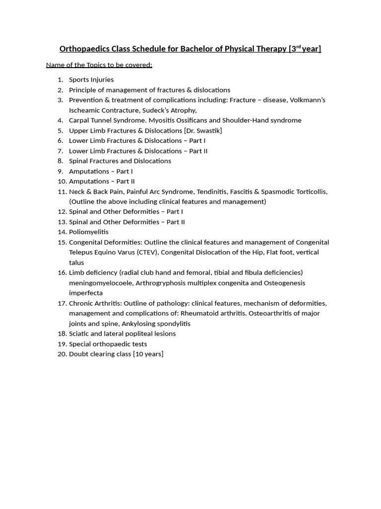 Orthopaedic Class Schedule BPT 3rd | PDF
