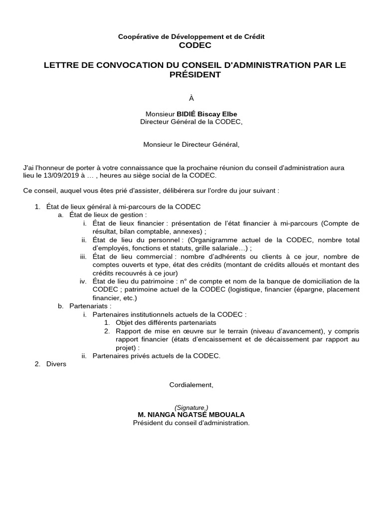 Lettre de Convocation Du Conseil D Administration Par Le President | PDF