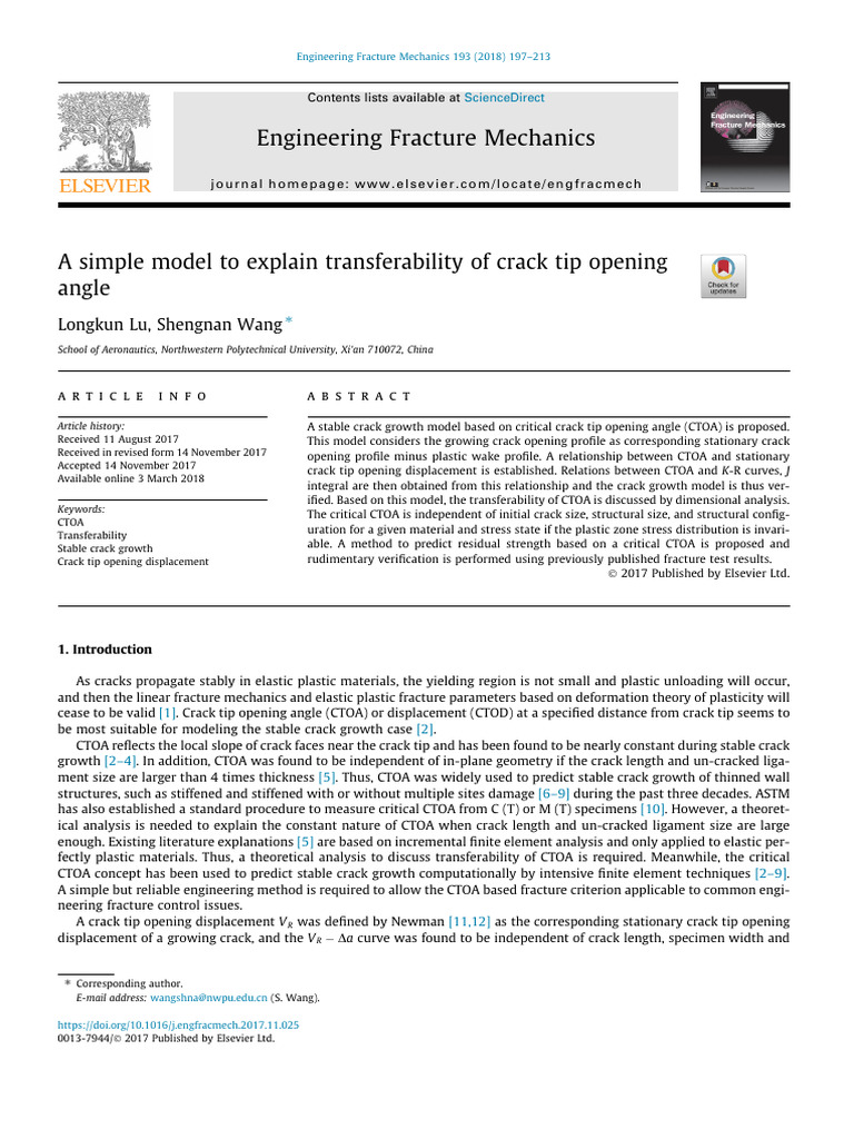 A simple model to explain transferability of crack tip opening angle | PDF | Fracture Mechanics ...