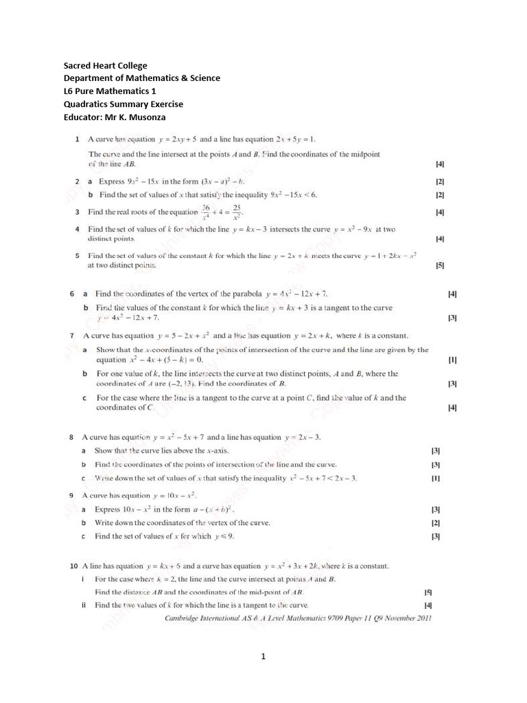 Quadratics Summary Exercise | PDF