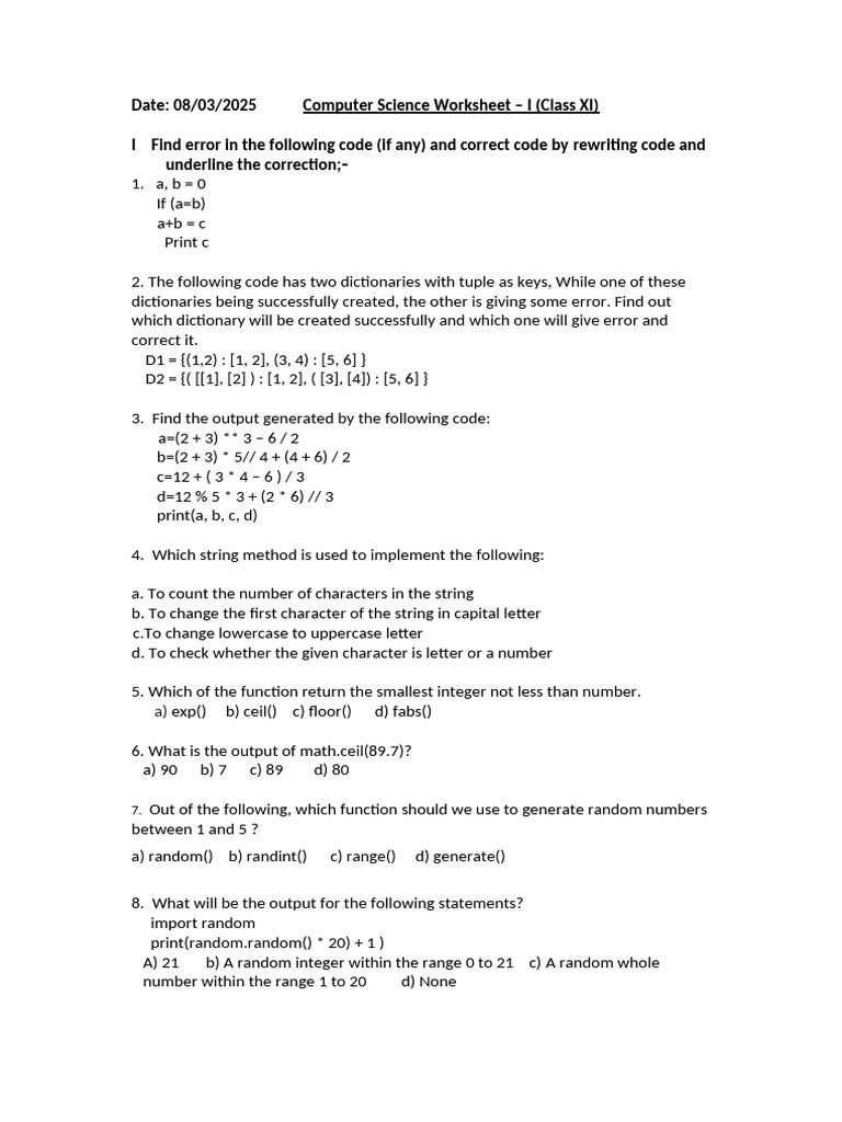 Class XI CS Worksheet - I 2025 | PDF | Computer Science | Computing
