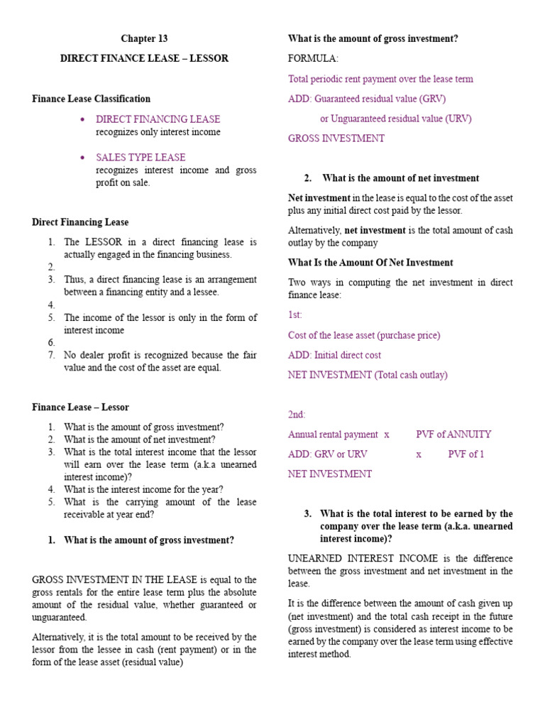 Direct Financing Lease: Key Calculations | PDF | Lease | Interest