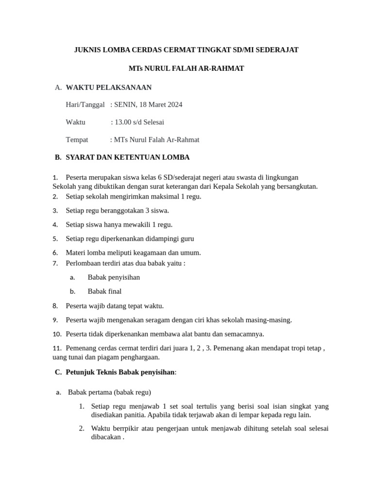 Juknis Lomba Cerdas Cermat Tingkat SD | PDF