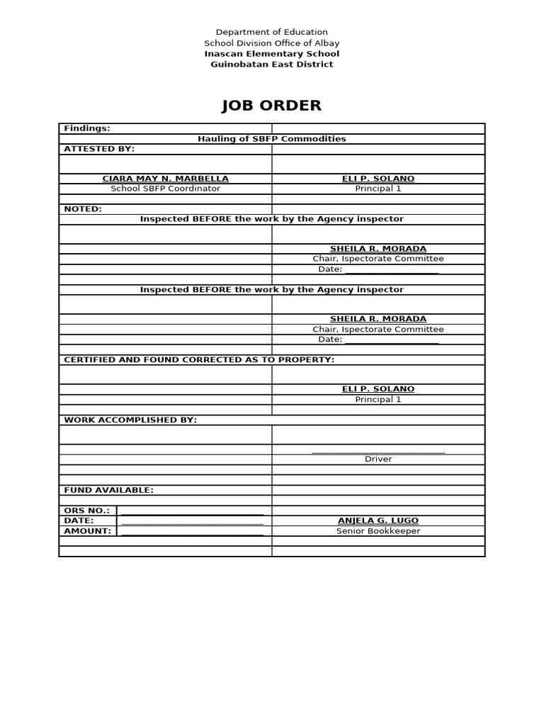 SBFP Hauling Job Order Report | PDF