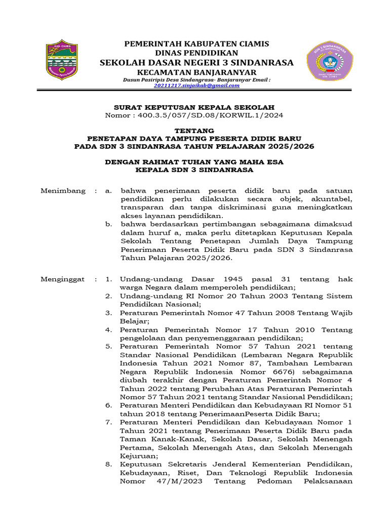 SK Daya Tampung Sekolah 2025 | PDF