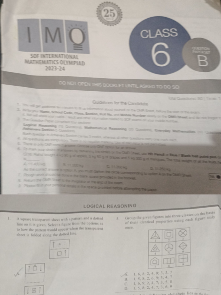Class 6 Imo 2023-24 Set B | PDF